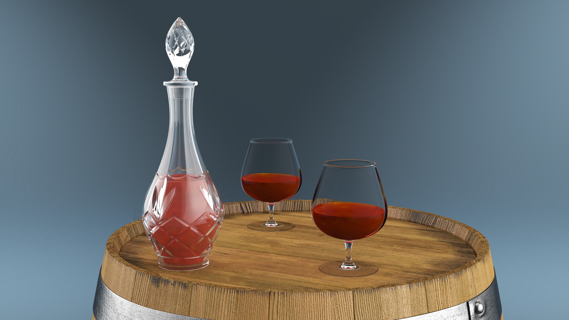 3D Oak Aging Barrel With Brandy Decanter And Glasses - TurboSquid 2410814