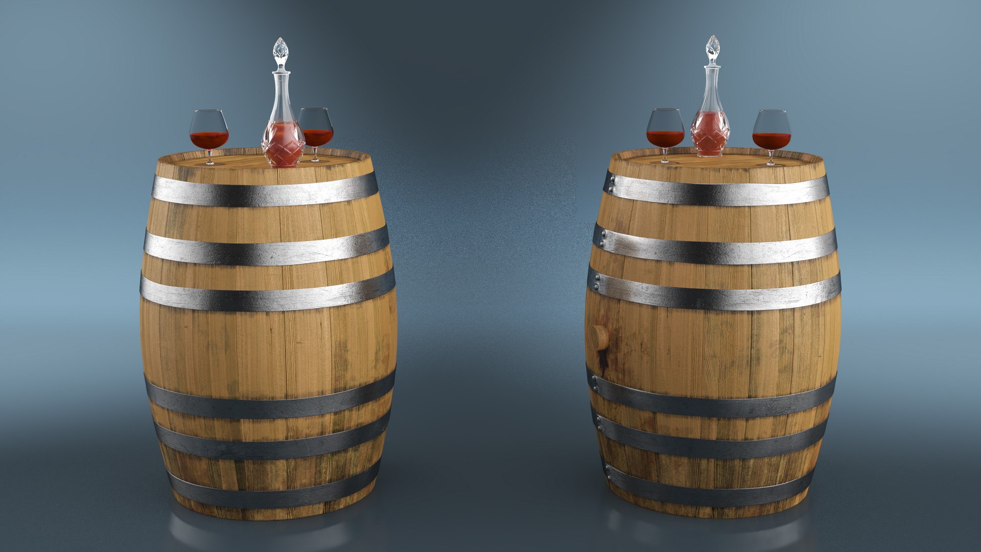 3D Oak Aging Barrel With Brandy Decanter And Glasses - TurboSquid 2410814