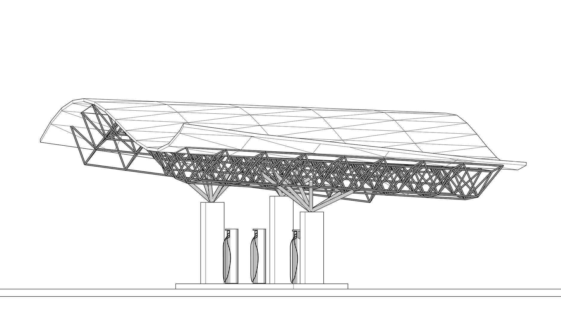 3D EV Charging Station With Curvilinear Roof Steel Truss System ...