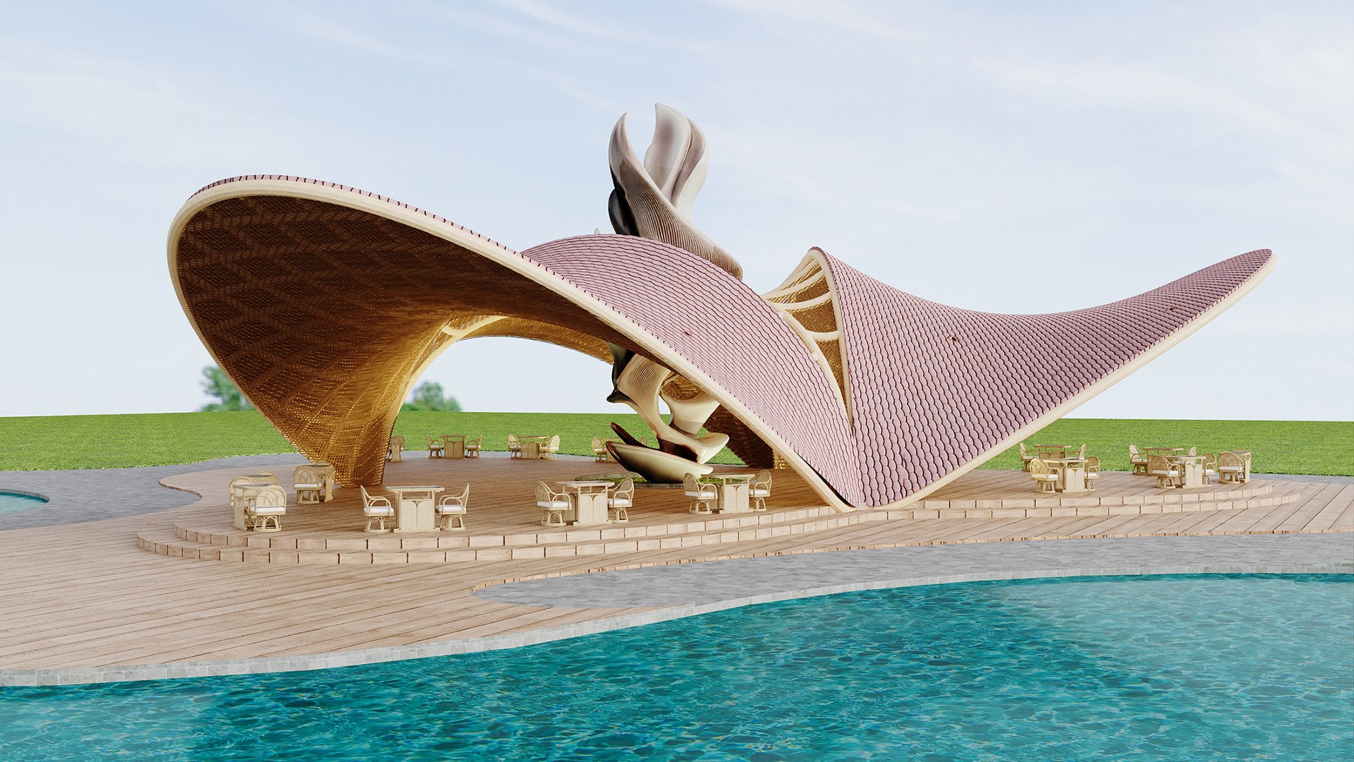 Innovative Public Pavilion With Unique Roof Design And Poolside 3D ...
