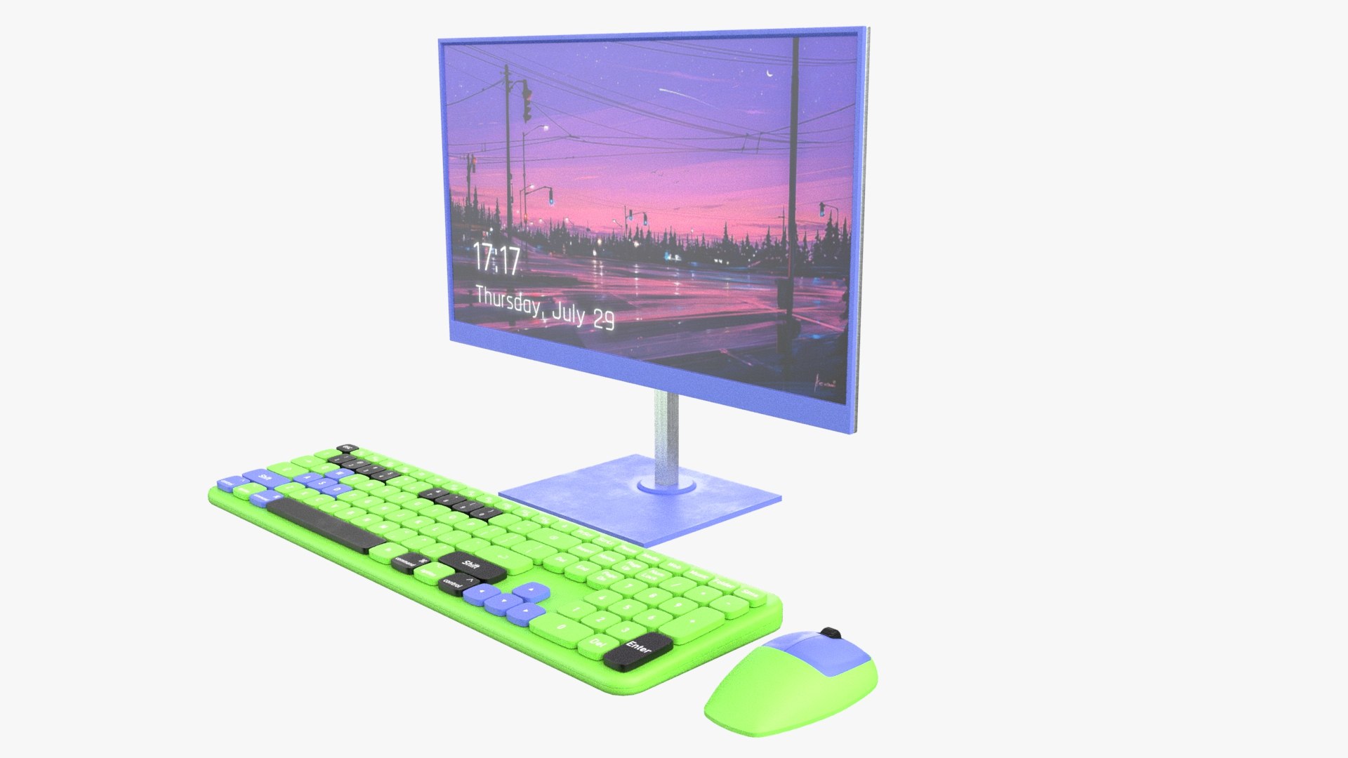 3D Wireles Computer Set Keyboard Mouse Monitor Green Purple - TurboSquid 2100856