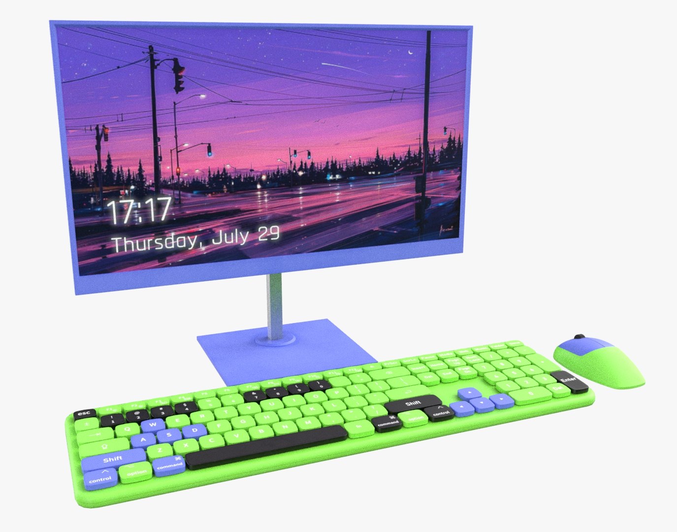 3D Wireles Computer Set Keyboard Mouse Monitor Green Purple - TurboSquid 2100856