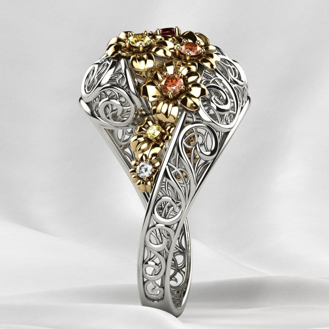 3D Filigree And Flowers Mixed Gold Luxury Ring Model - TurboSquid 1886479