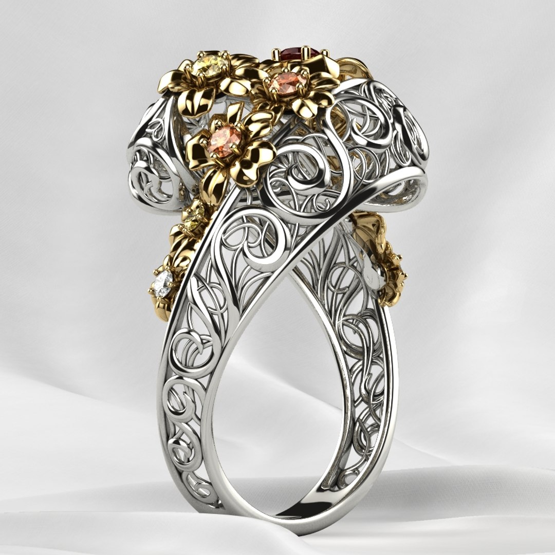 3D Filigree And Flowers Mixed Gold Luxury Ring Model - TurboSquid 1886479
