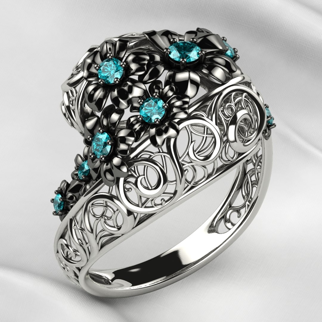 3D Filigree And Flowers Mixed Gold Luxury Ring Model - TurboSquid 1886479