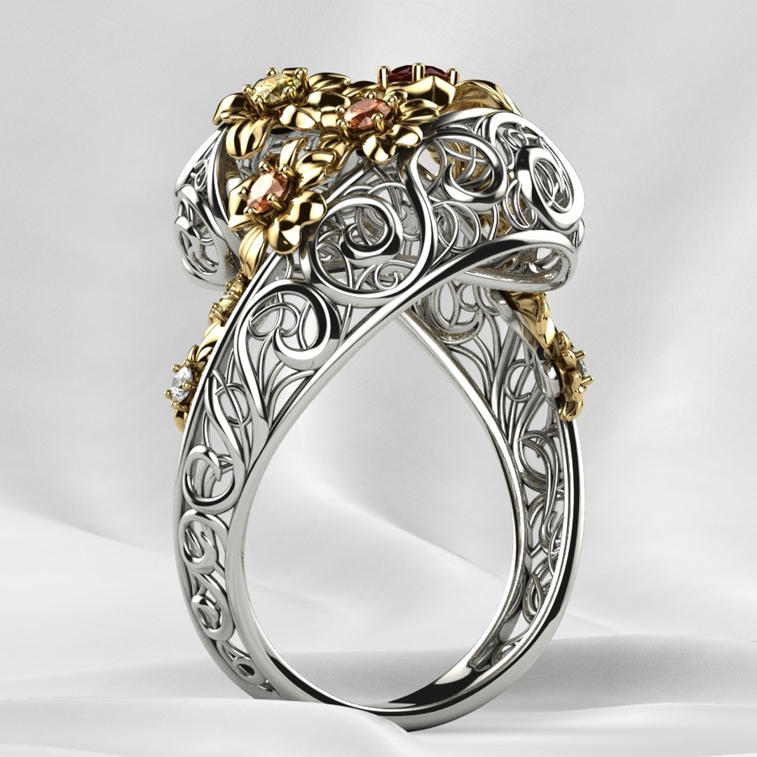 3D Filigree And Flowers Mixed Gold Luxury Ring Model - TurboSquid 1886479