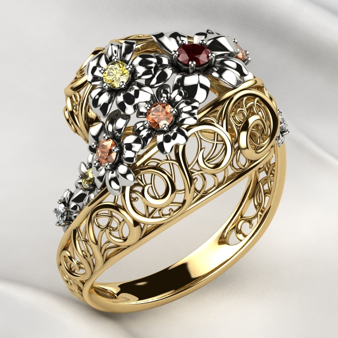 3D Filigree And Flowers Mixed Gold Luxury Ring Model - TurboSquid 1886479
