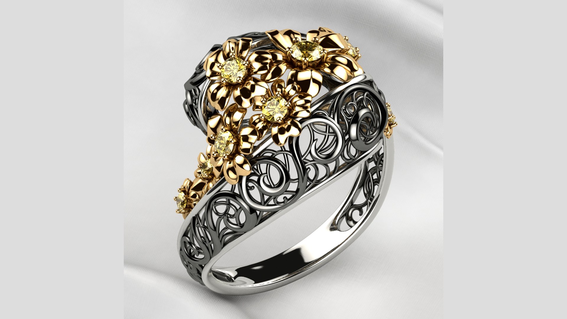 3D Filigree And Flowers Mixed Gold Luxury Ring Model - TurboSquid 1886479