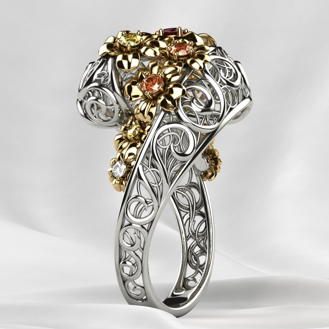 3D Filigree And Flowers Mixed Gold Luxury Ring Model - TurboSquid 1886479