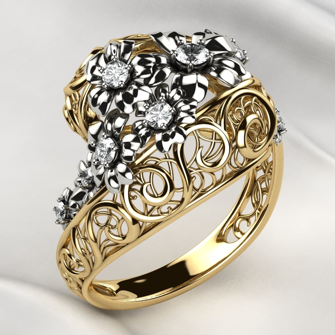 3D Filigree And Flowers Mixed Gold Luxury Ring Model - TurboSquid 1886479