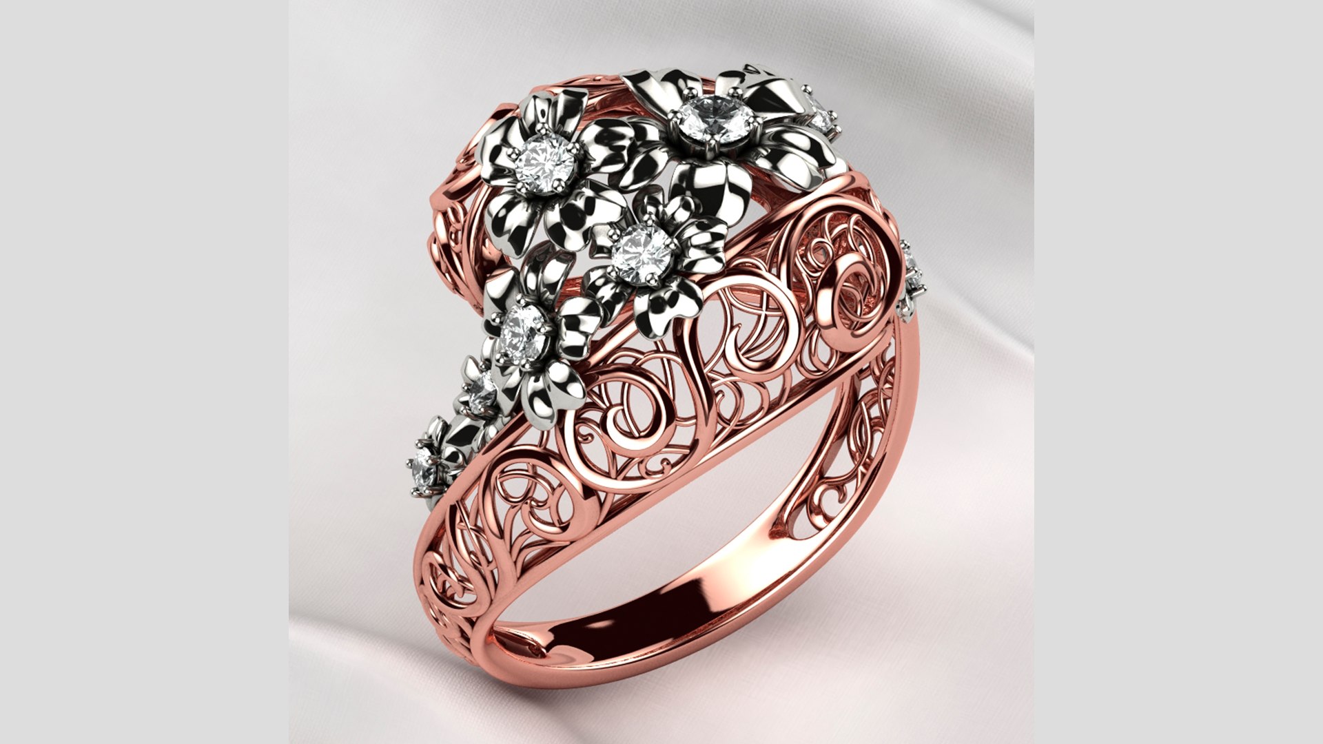 3D Filigree And Flowers Mixed Gold Luxury Ring Model - TurboSquid 1886479