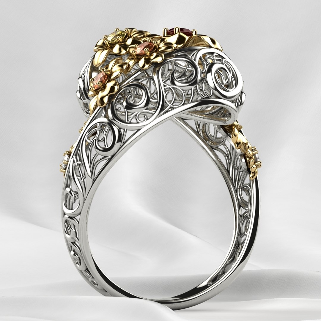 3D Filigree And Flowers Mixed Gold Luxury Ring Model - TurboSquid 1886479