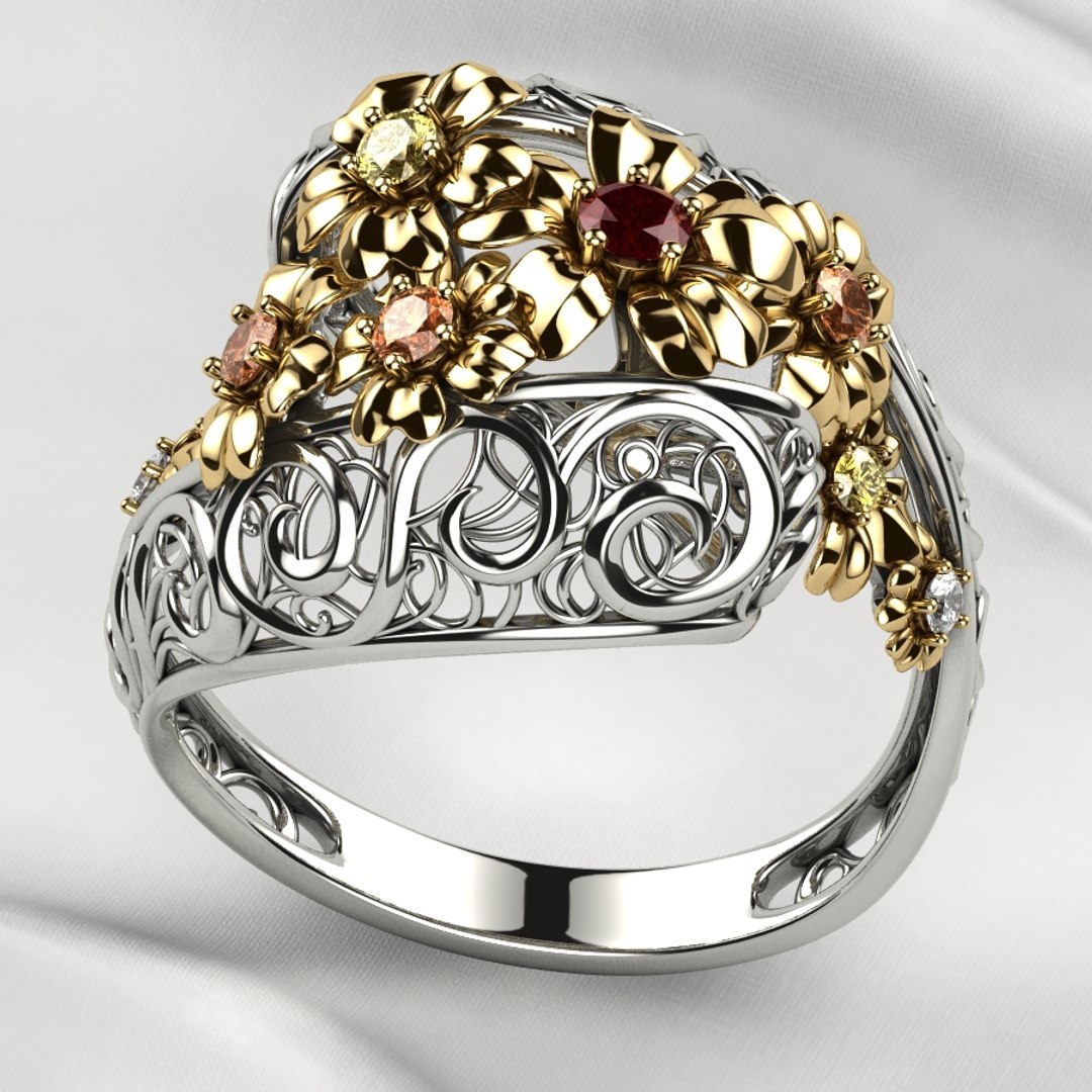3D Filigree And Flowers Mixed Gold Luxury Ring Model - TurboSquid 1886479
