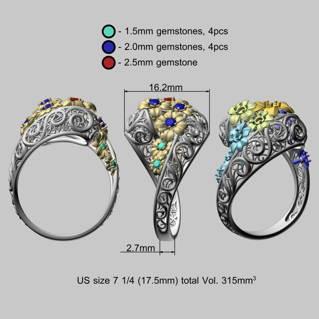 3D Filigree And Flowers Mixed Gold Luxury Ring Model - TurboSquid 1886479