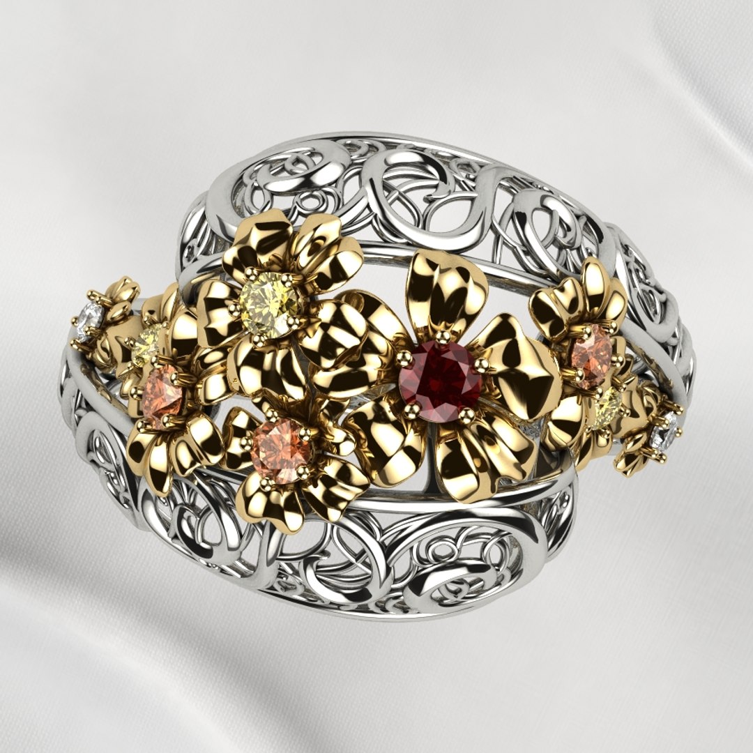 3D Filigree And Flowers Mixed Gold Luxury Ring Model - TurboSquid 1886479