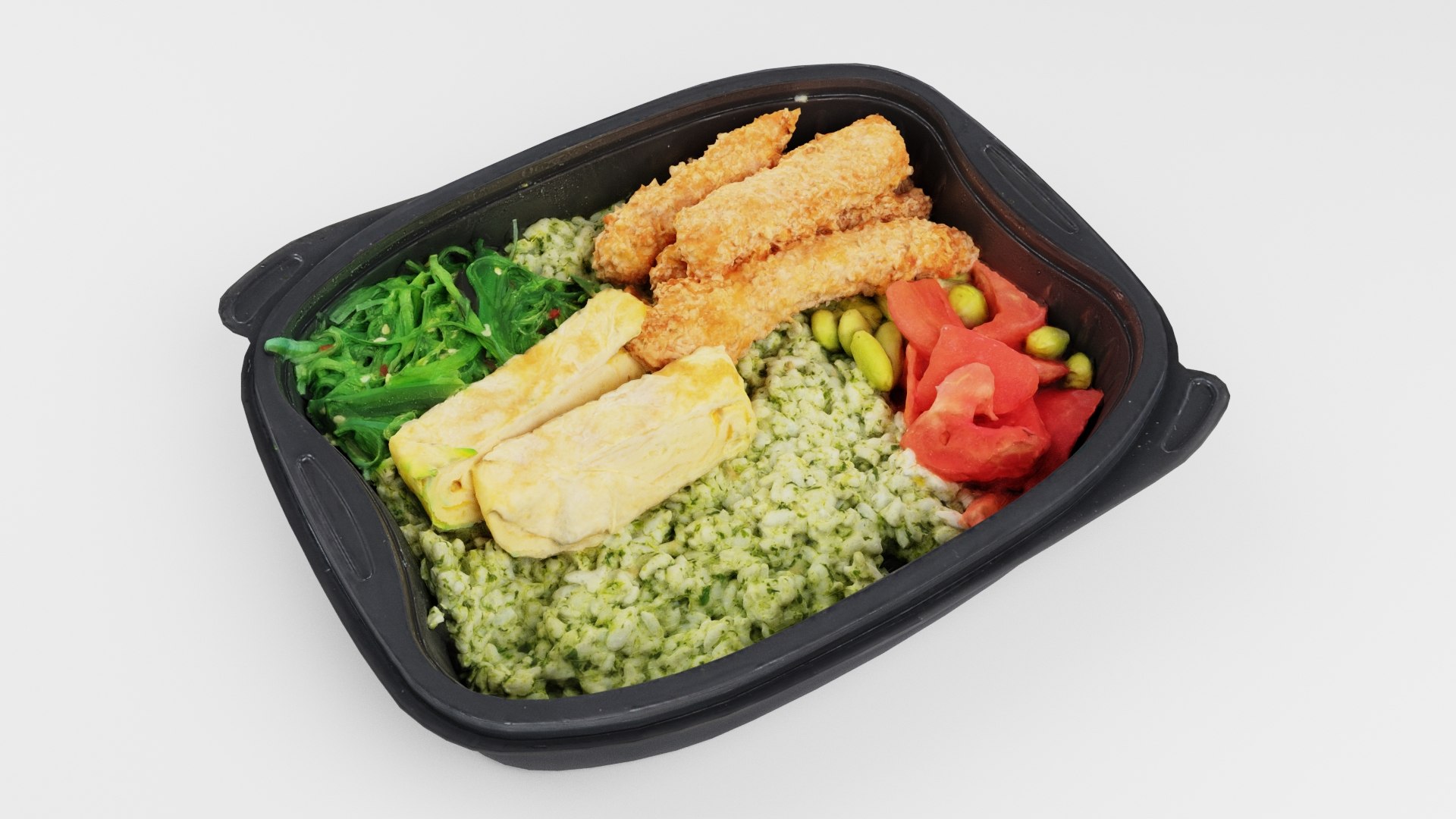 3D Poke Bowl Lunch Box With Salmon Chips Rice Tomatoes Seaweed Algae ...