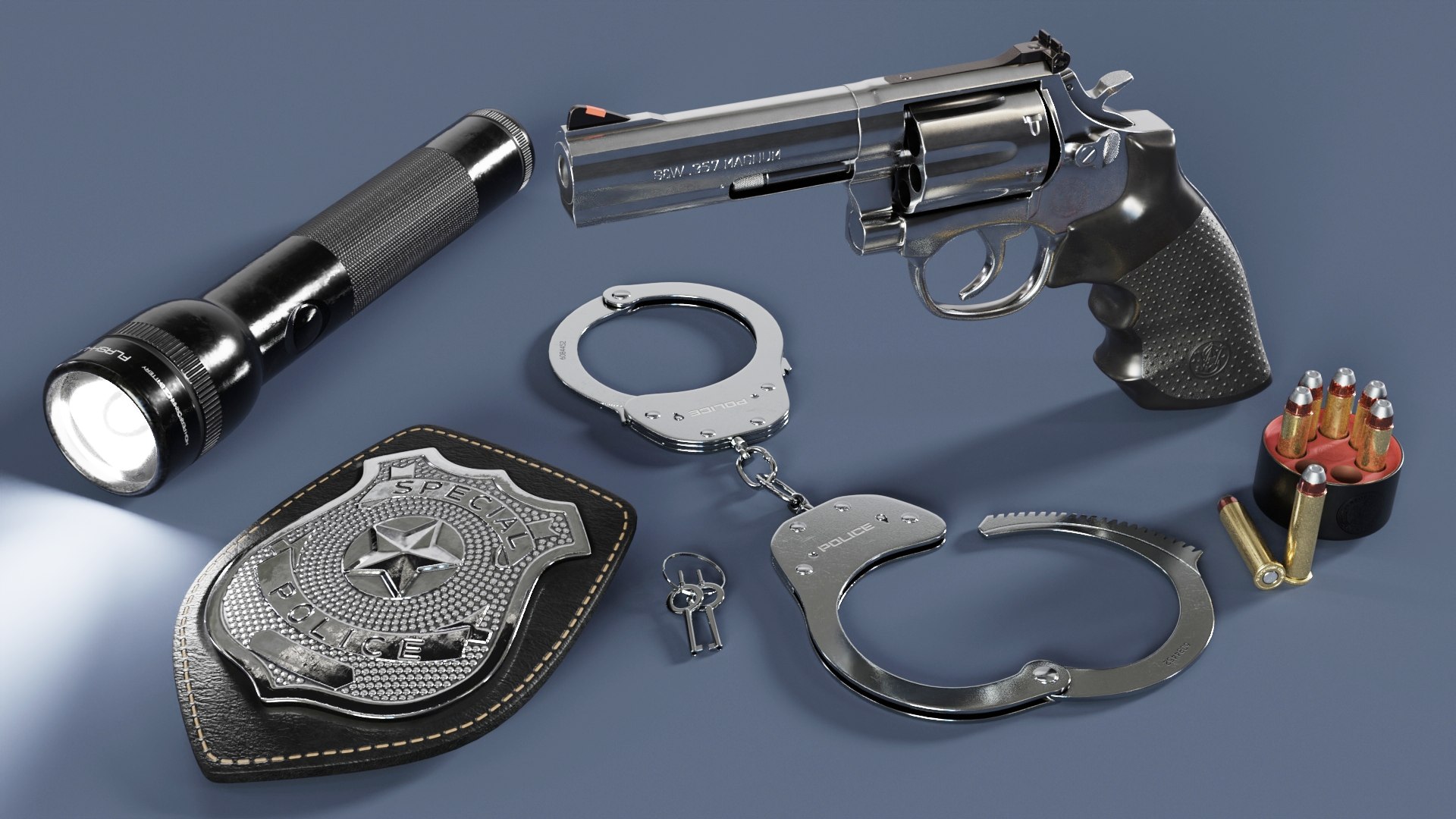 Detective Props Kit - MAGNUM Gun-Bullet-Police Badge-Handcuffs 3D Model ...