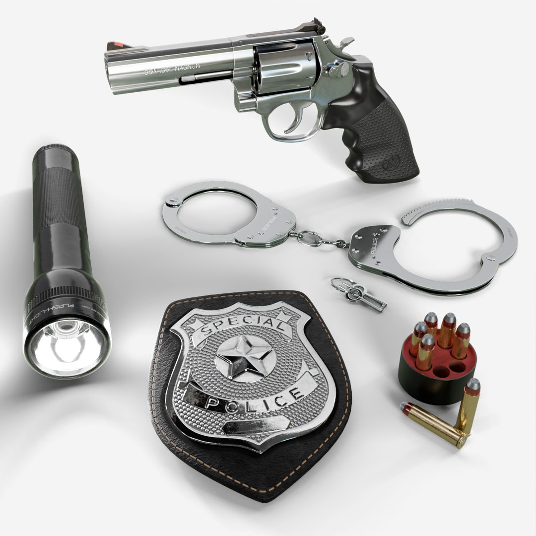 Detective Props Kit - MAGNUM Gun-Bullet-Police Badge-Handcuffs 3D Model ...