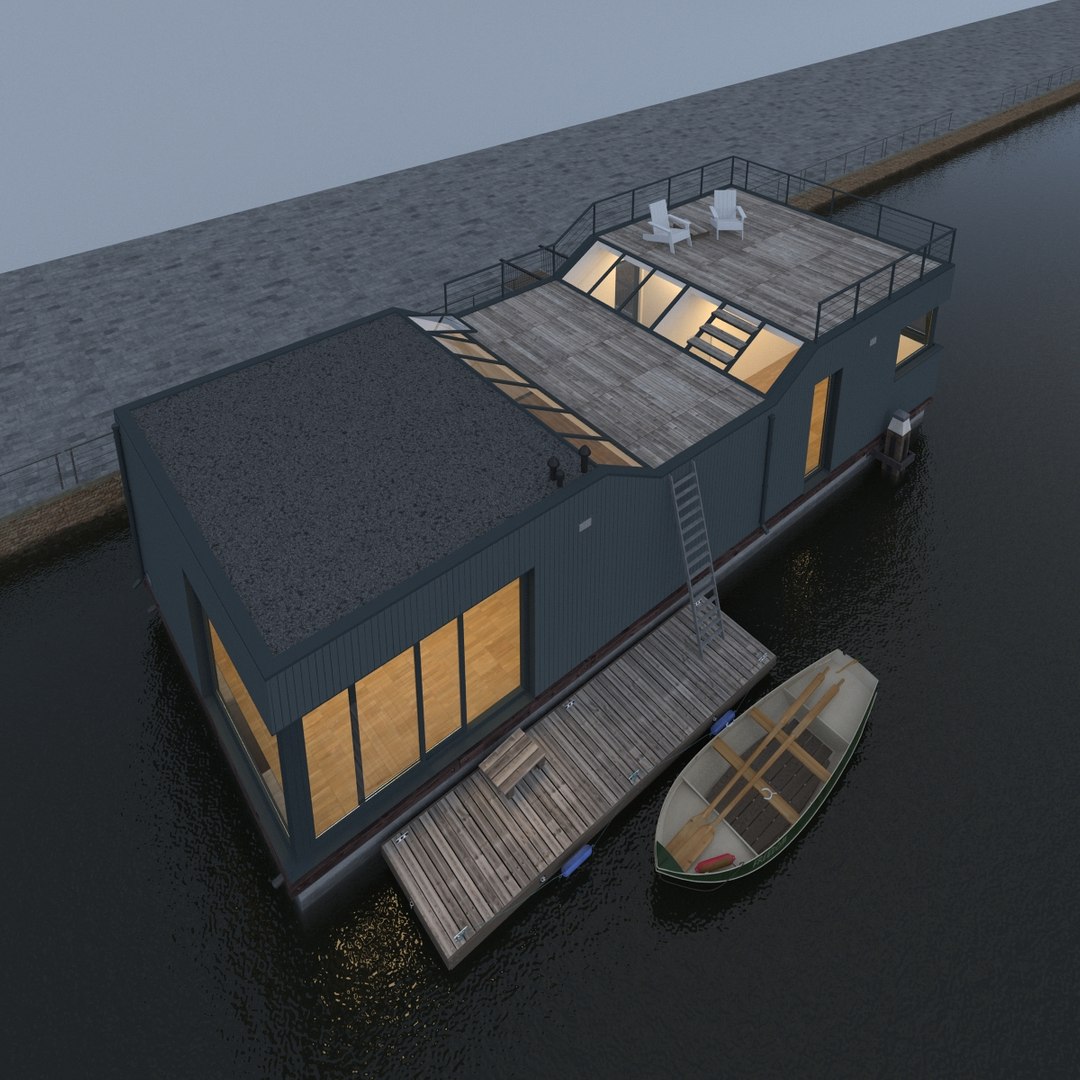 3d Modern Houseboat Moored Model