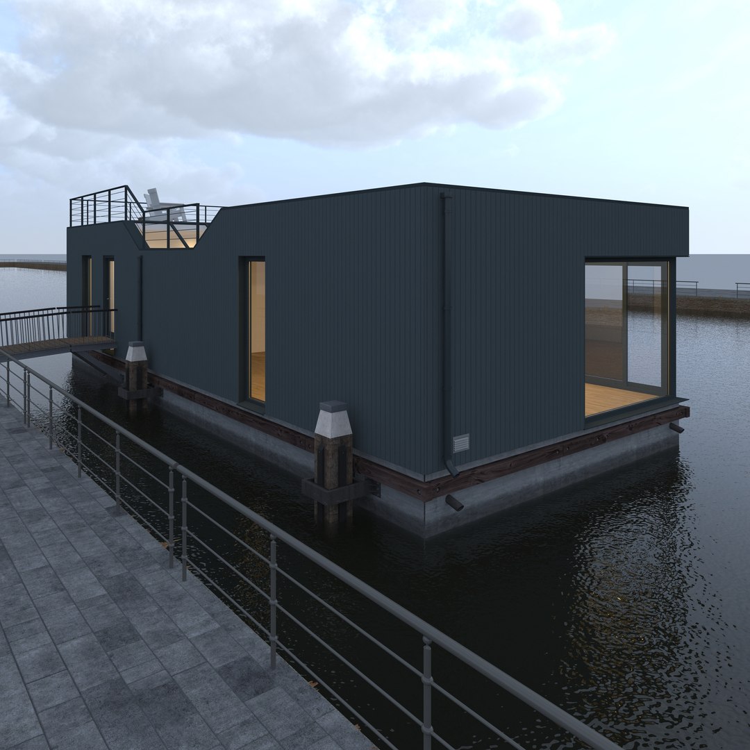 3d Modern Houseboat Moored Model