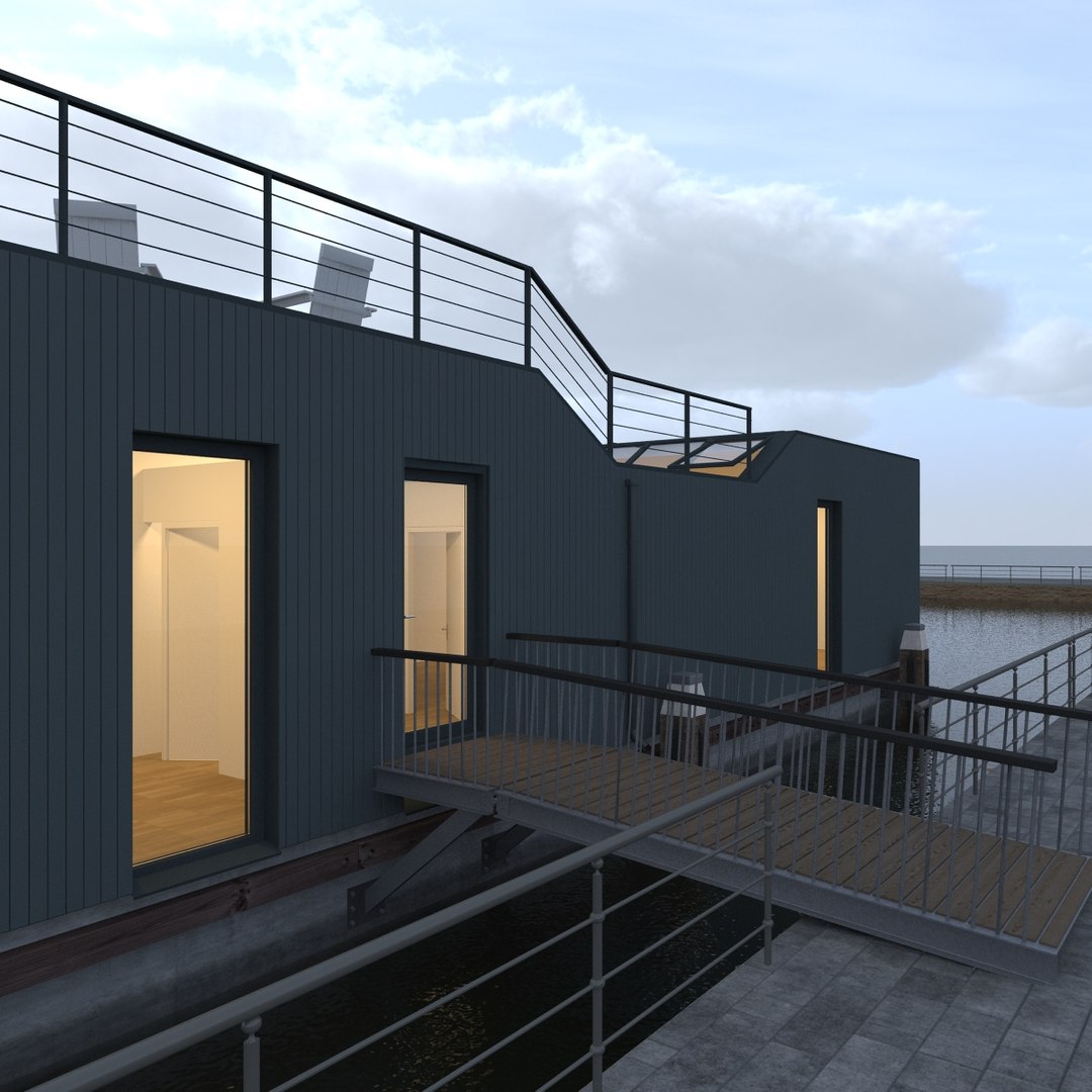 3d Modern Houseboat Moored Model