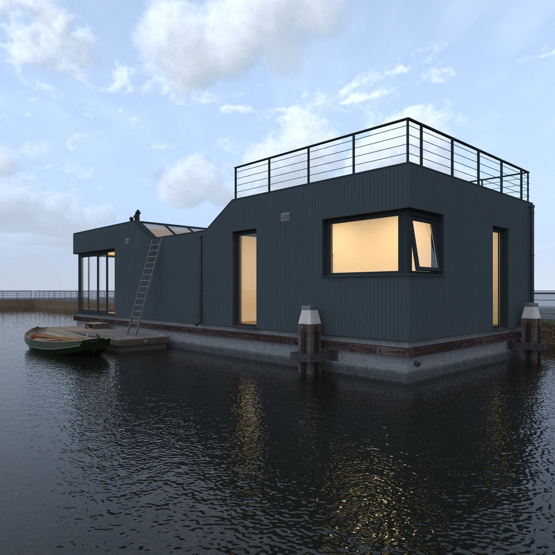 3d Modern Houseboat Moored Model