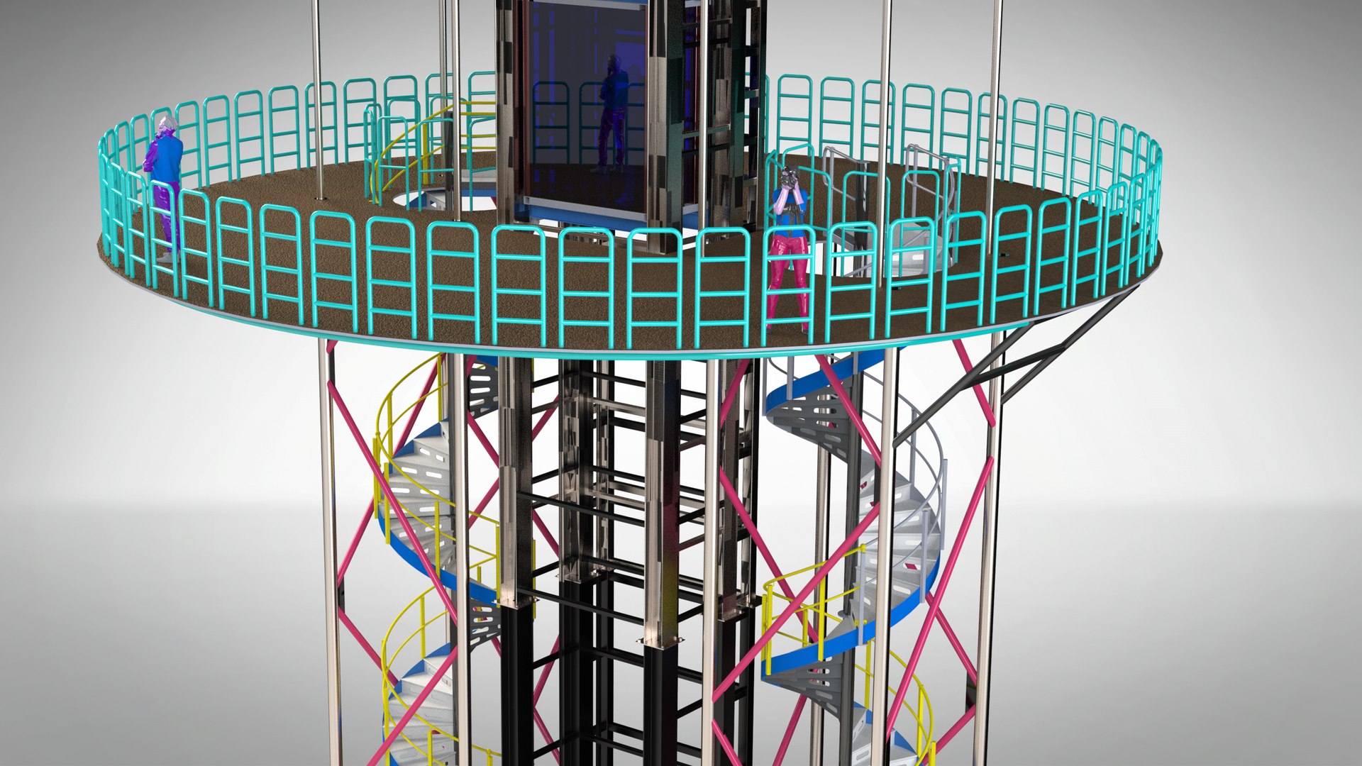 Observation Tower With Spiral Staircases And Elevator Real-Scale 3D ...
