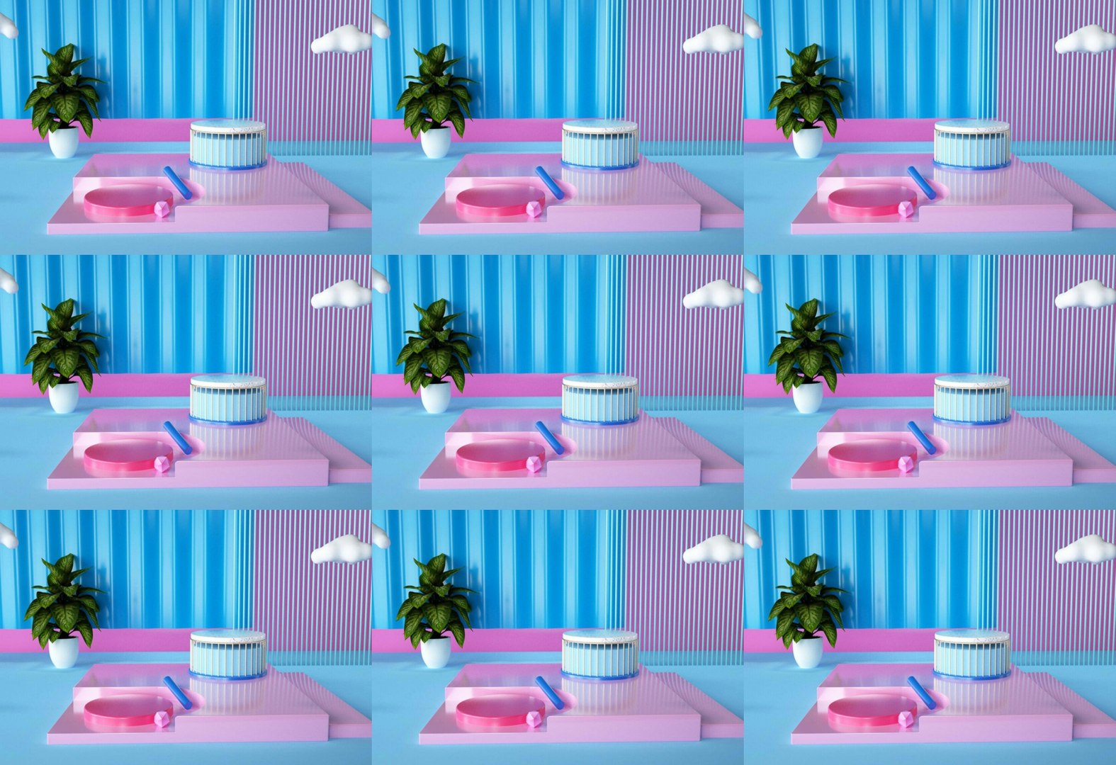 Blue and pink geometric exhibition booth cartoon scene advertising ...