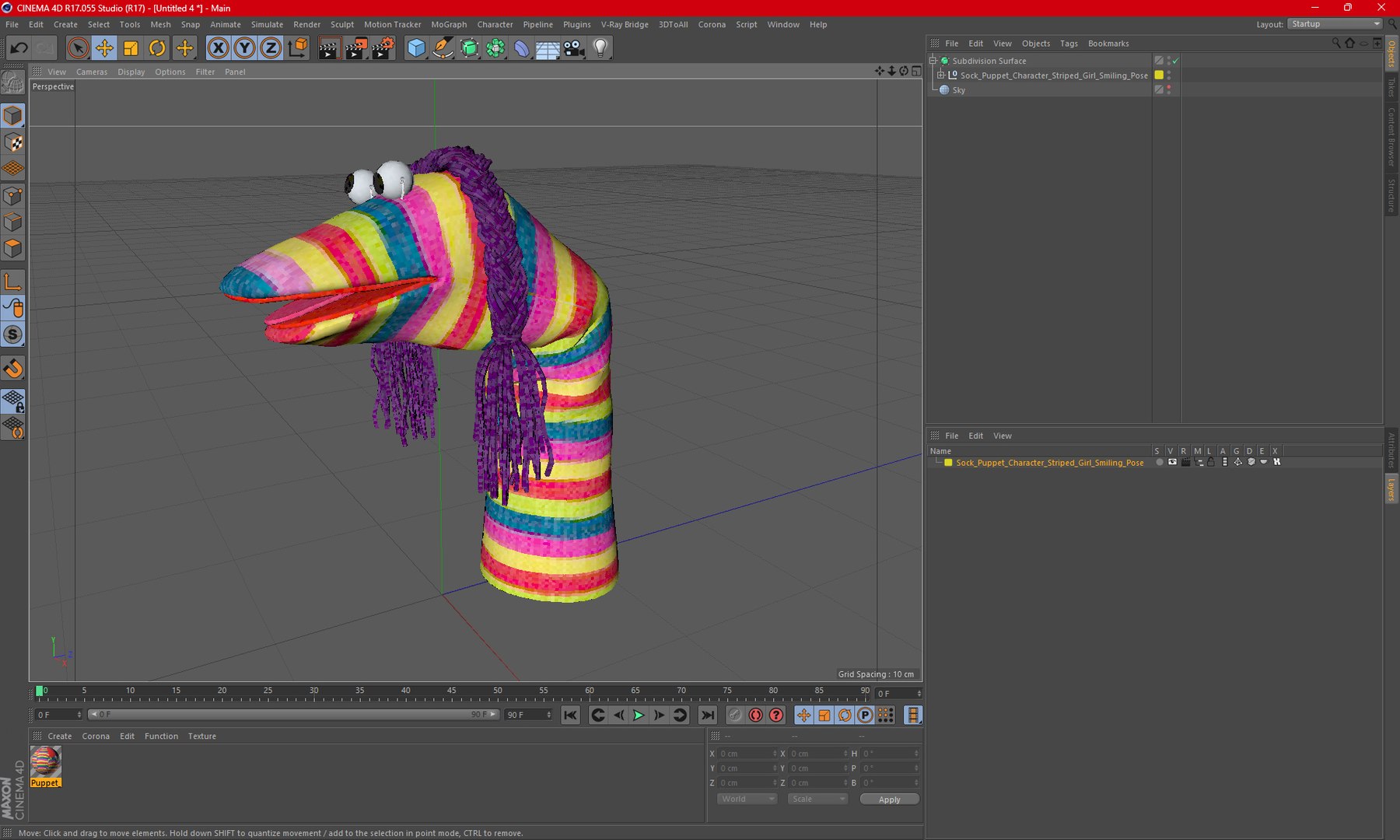 3D Sock Puppet Character Striped Girl Smiling Pose - TurboSquid 2268148