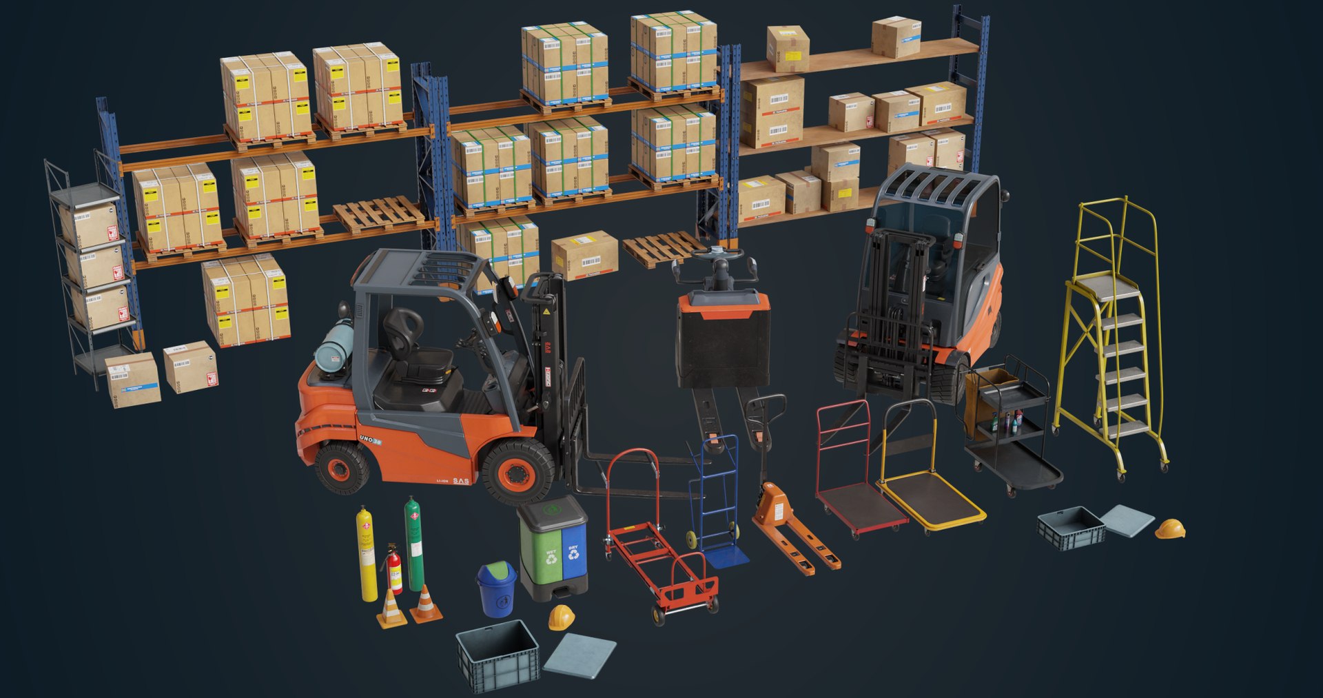 Cargo Pallets And Forklift Trucks Collection1 3D Model - TurboSquid 2396028