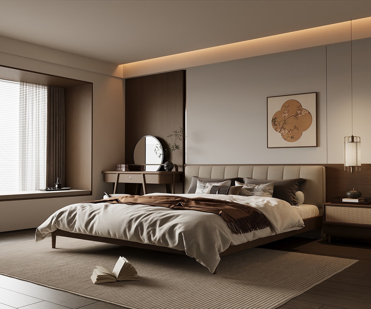 3D Wabi-Sabi Style Cozy Bedroom Interior Scene With Vanity Table Model ...