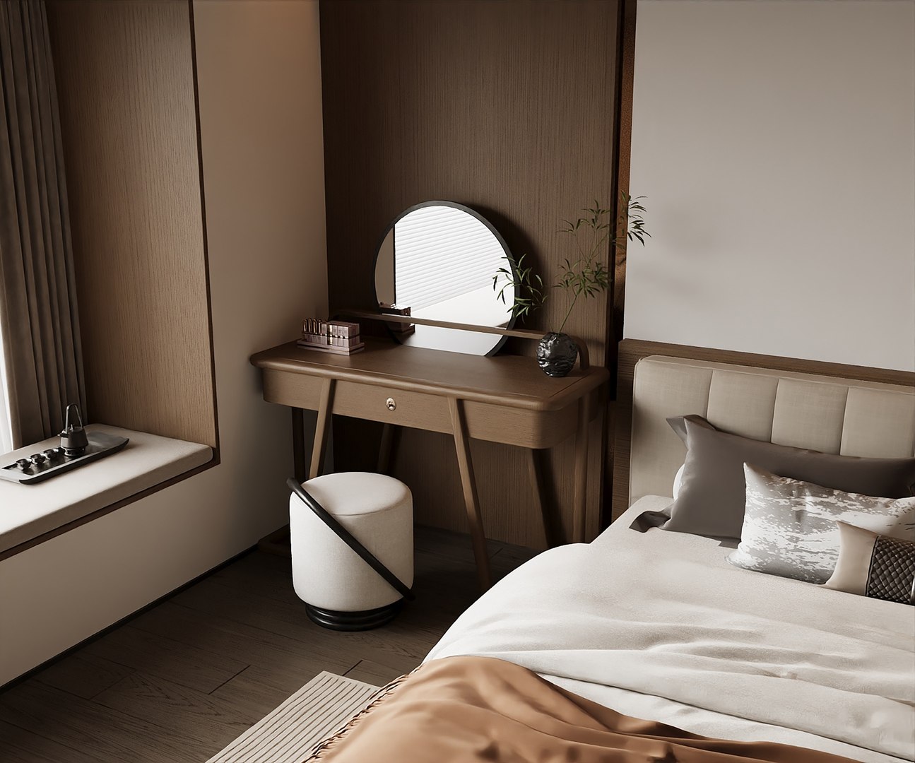 3D Wabi-Sabi Style Cozy Bedroom Interior Scene With Vanity Table Model ...