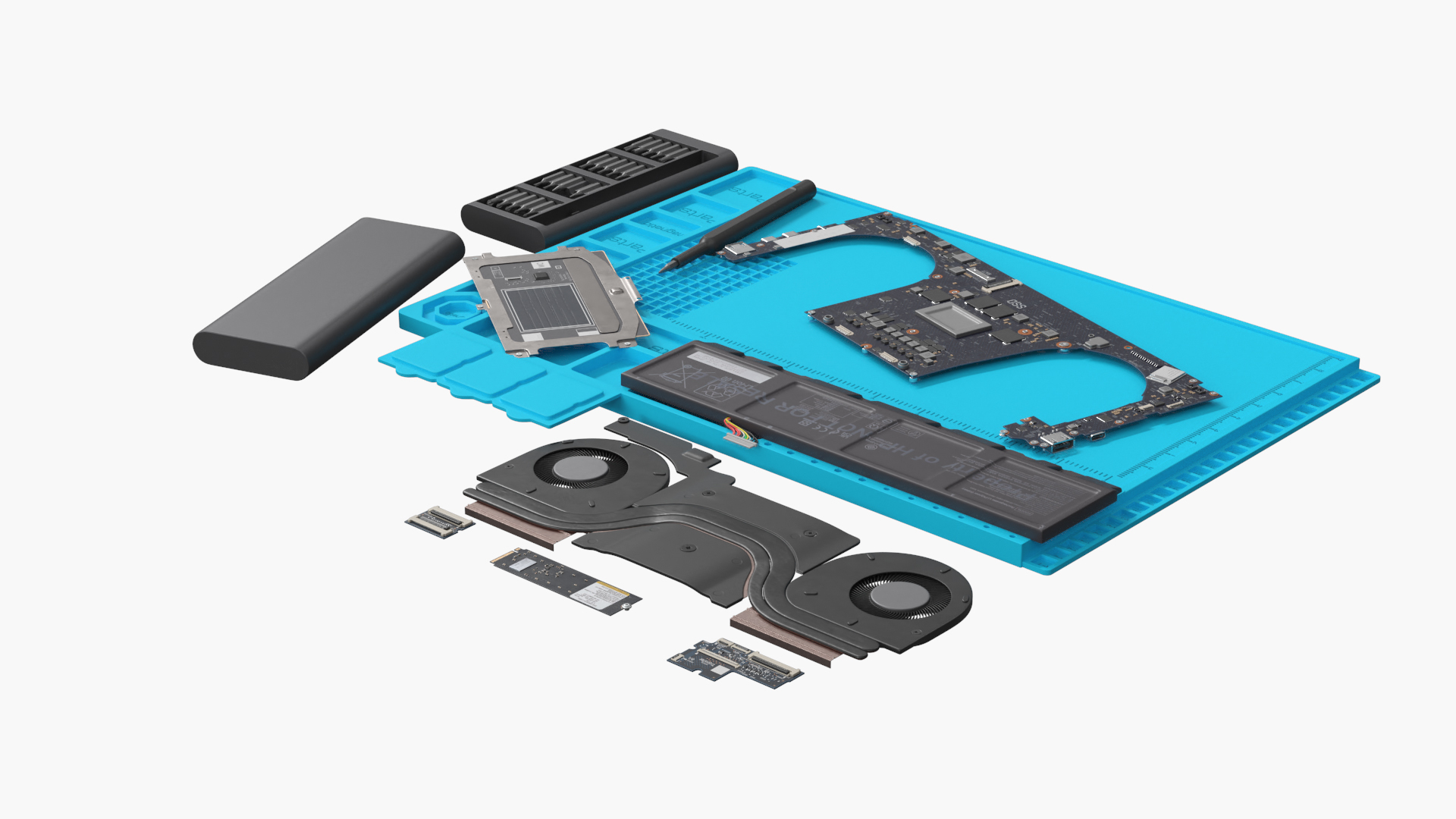 3D Disassembled Laptop Internal Parts On Silicone Repair Mat Model ...