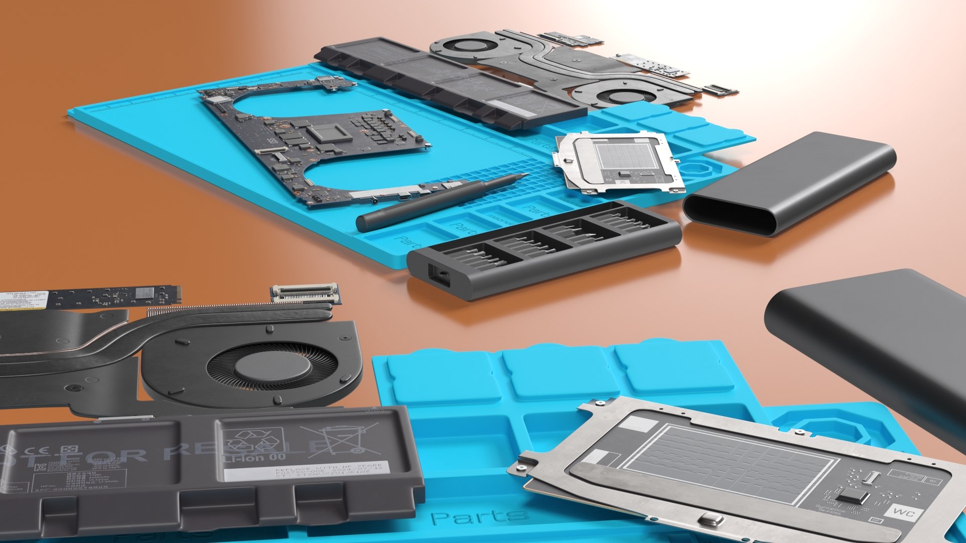 3D Disassembled Laptop Internal Parts On Silicone Repair Mat Model ...