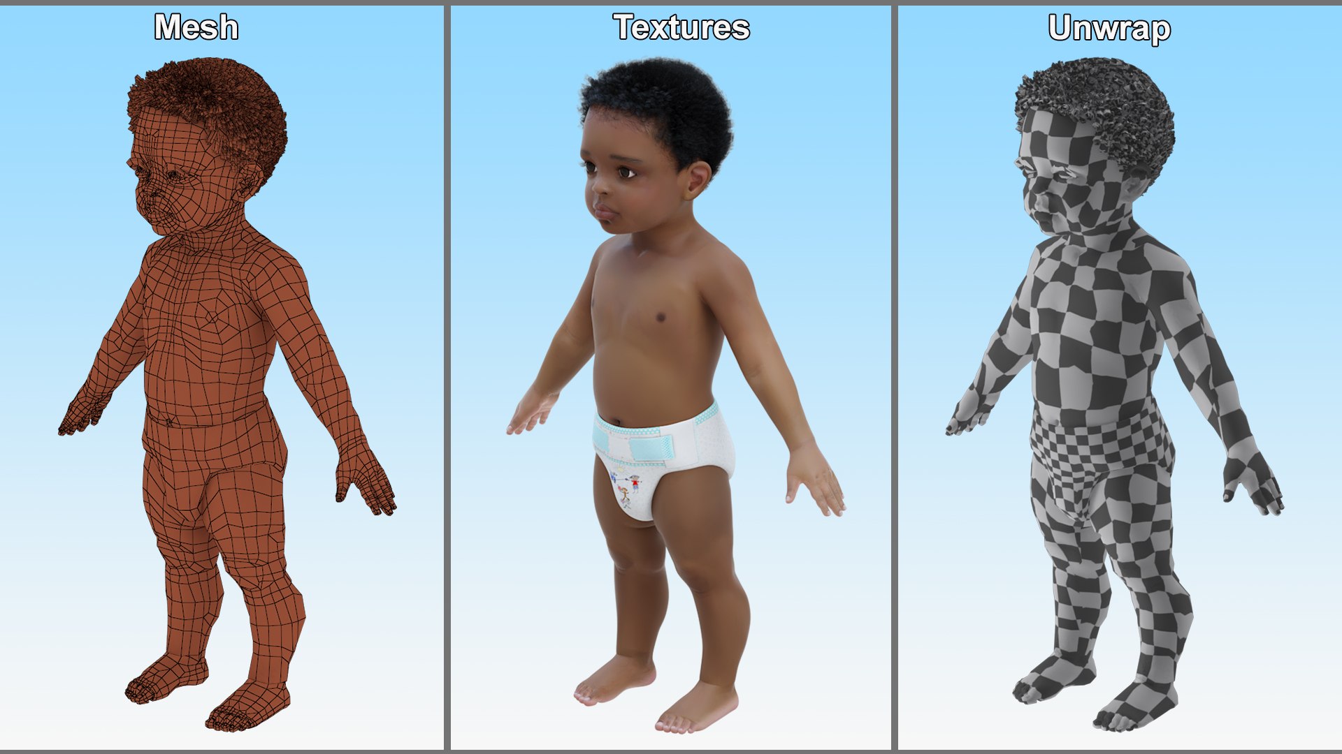 Black Baby Boy Light Skin Wearing Diaper A-Pose Model - TurboSquid 2315056