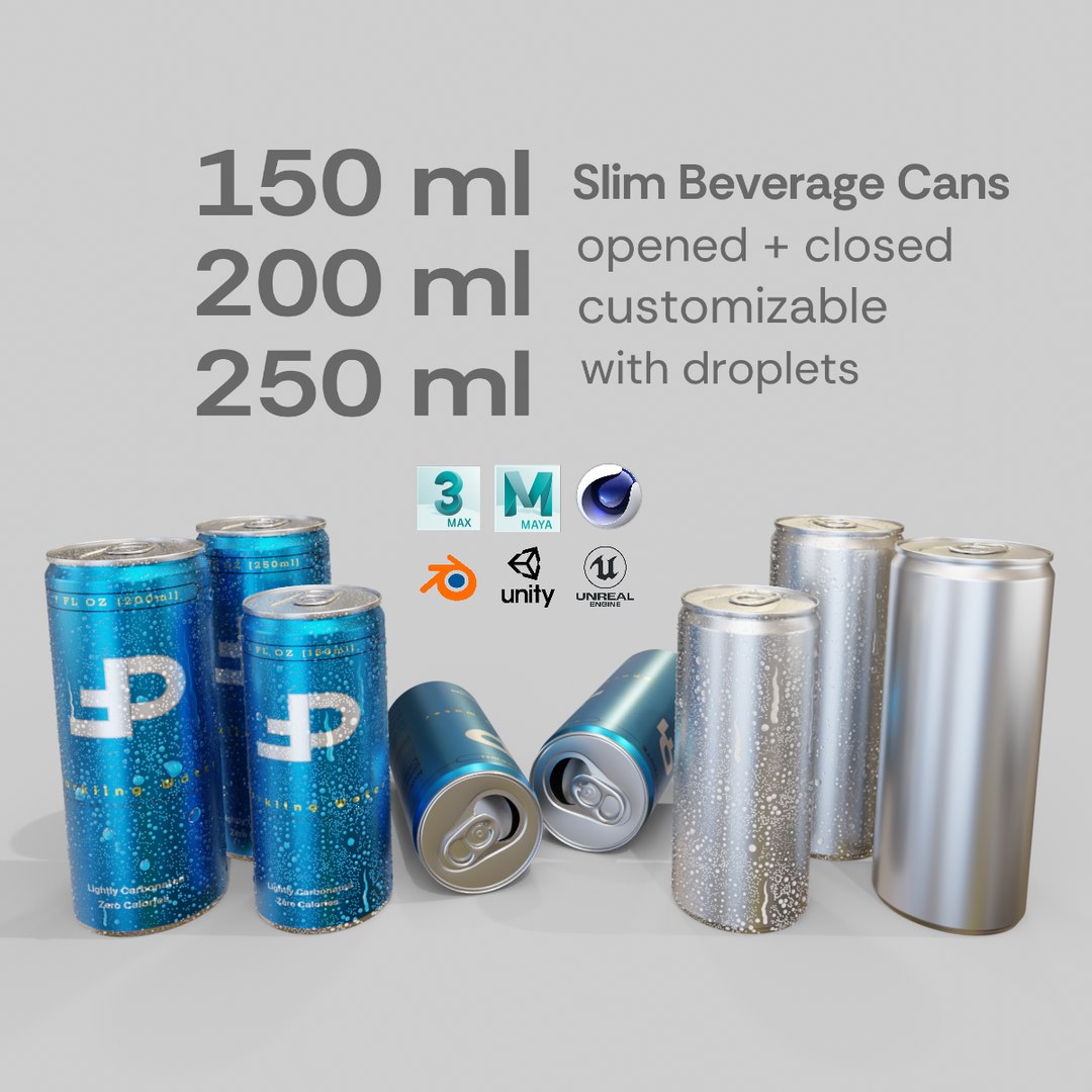 3D Slim Beverage Cans Set Open And Closed Tabs With Droplets Model ...