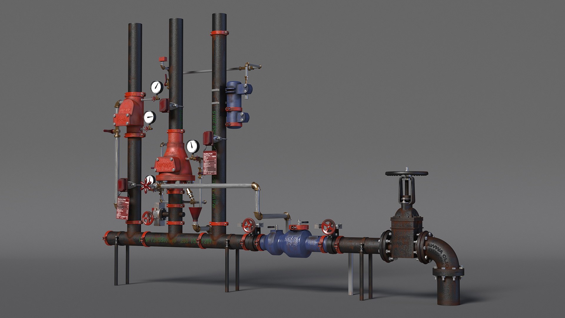 Industrial Pipe System With Valves And Gauges Model - TurboSquid 2236302