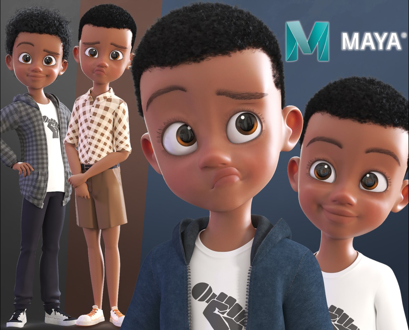 Cartoon Afro Boy 2 Maya - Toon Rigged Child Character 3D Model ...