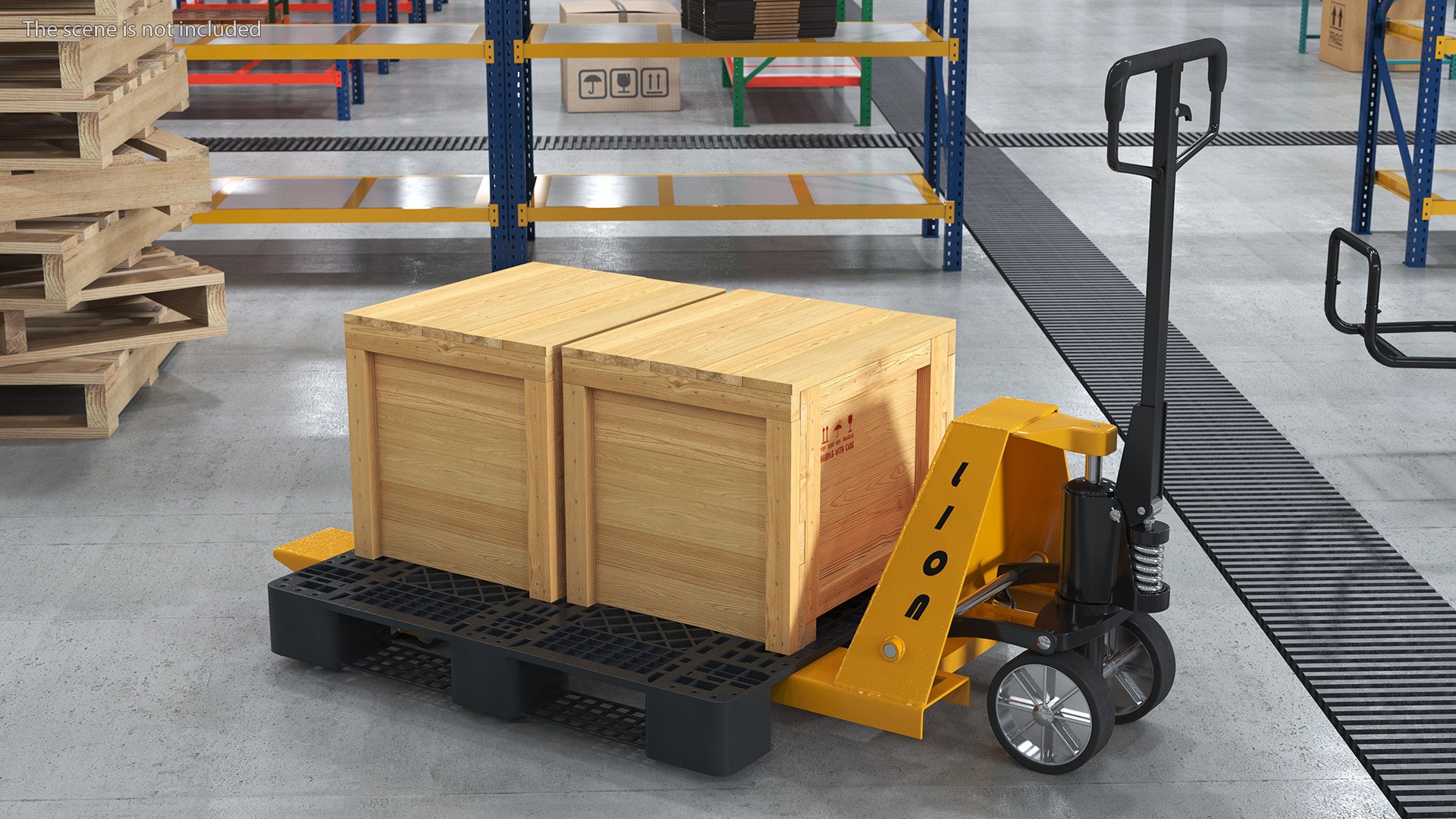 3D model Lion Industrial Standard Duty Pallet Jack with Wooden Crates ...