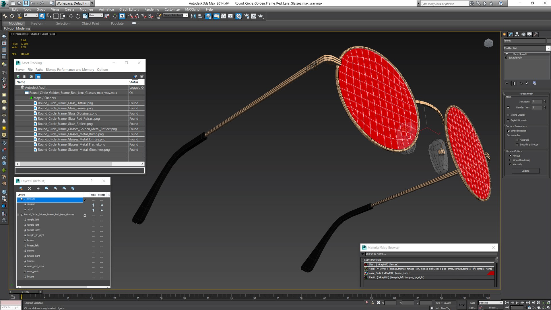 3D Round Circle Golden Frame Red Lens Glasses Model - TurboSquid 2140334