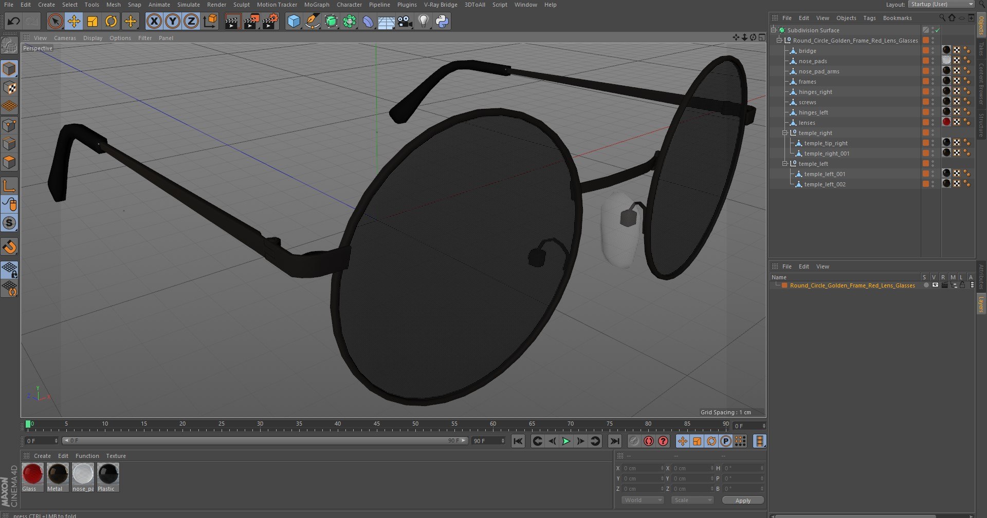 3D Round Circle Golden Frame Red Lens Glasses Model - TurboSquid 2140334