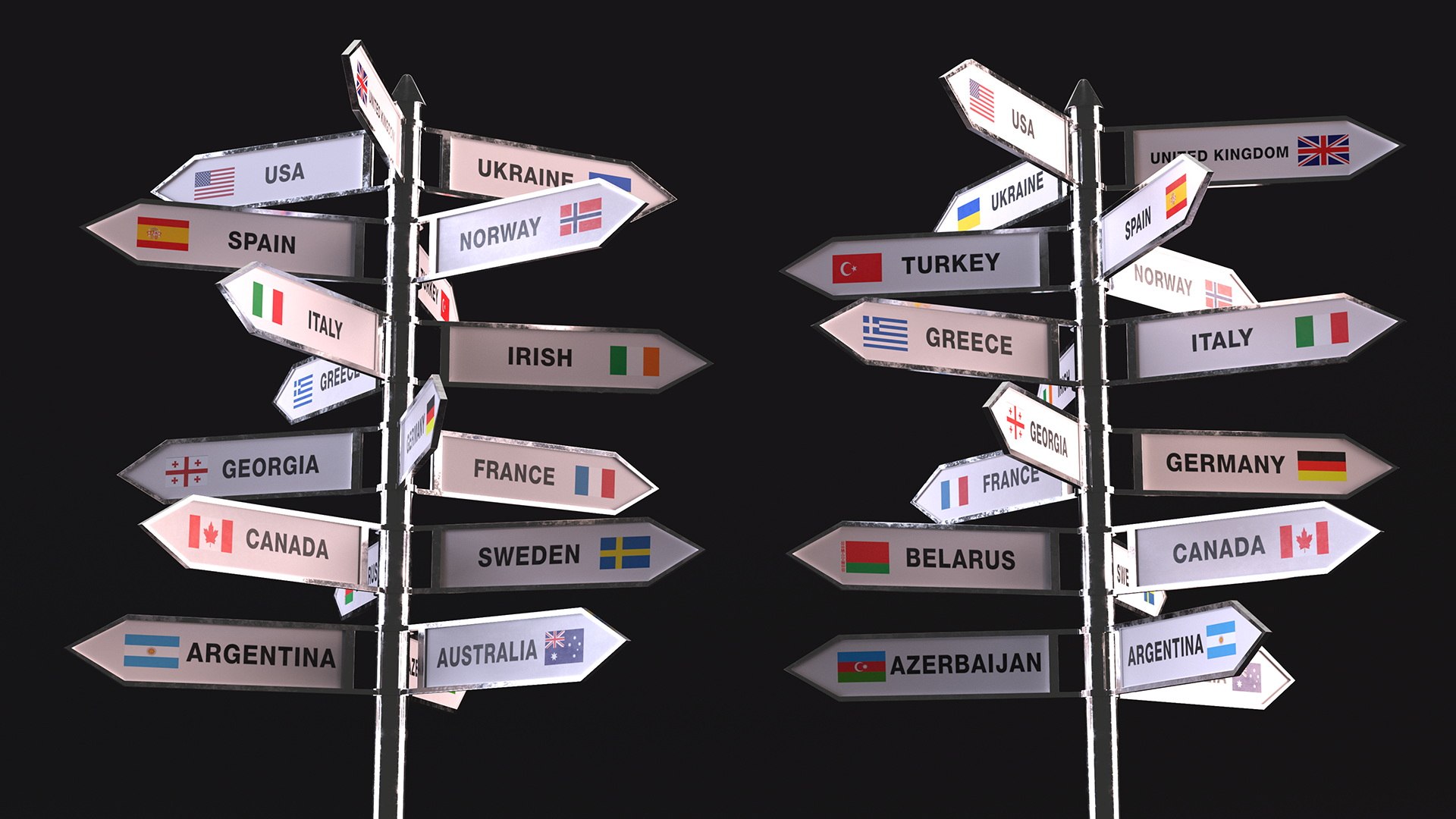 Travel Signpost With Various Countries Model - TurboSquid 2059267