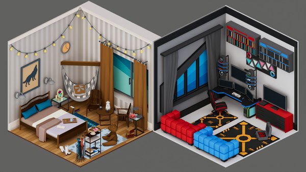 3D 30 Low poly Rooms Interiors 1000 plus unique Objects model ...