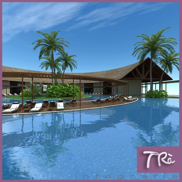 tropical hotel reception resort 3d model