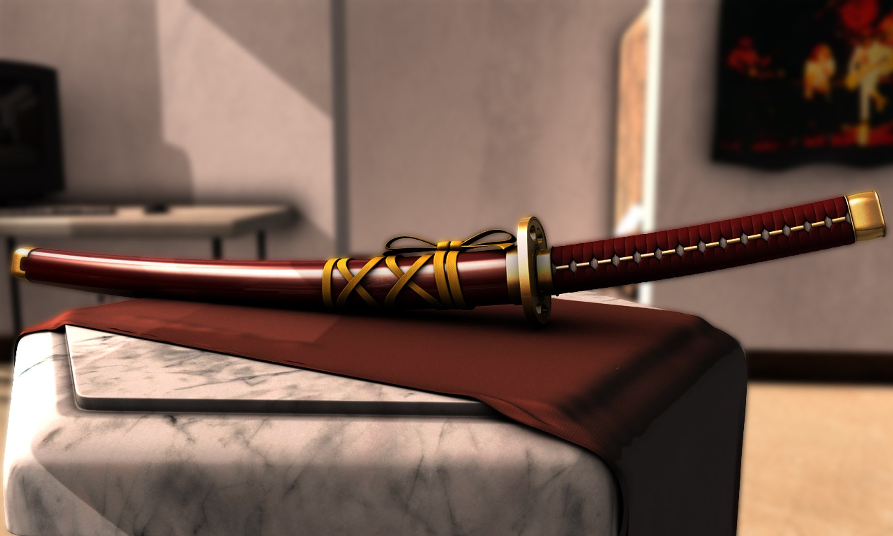 obj japanese wakizashi red gold
