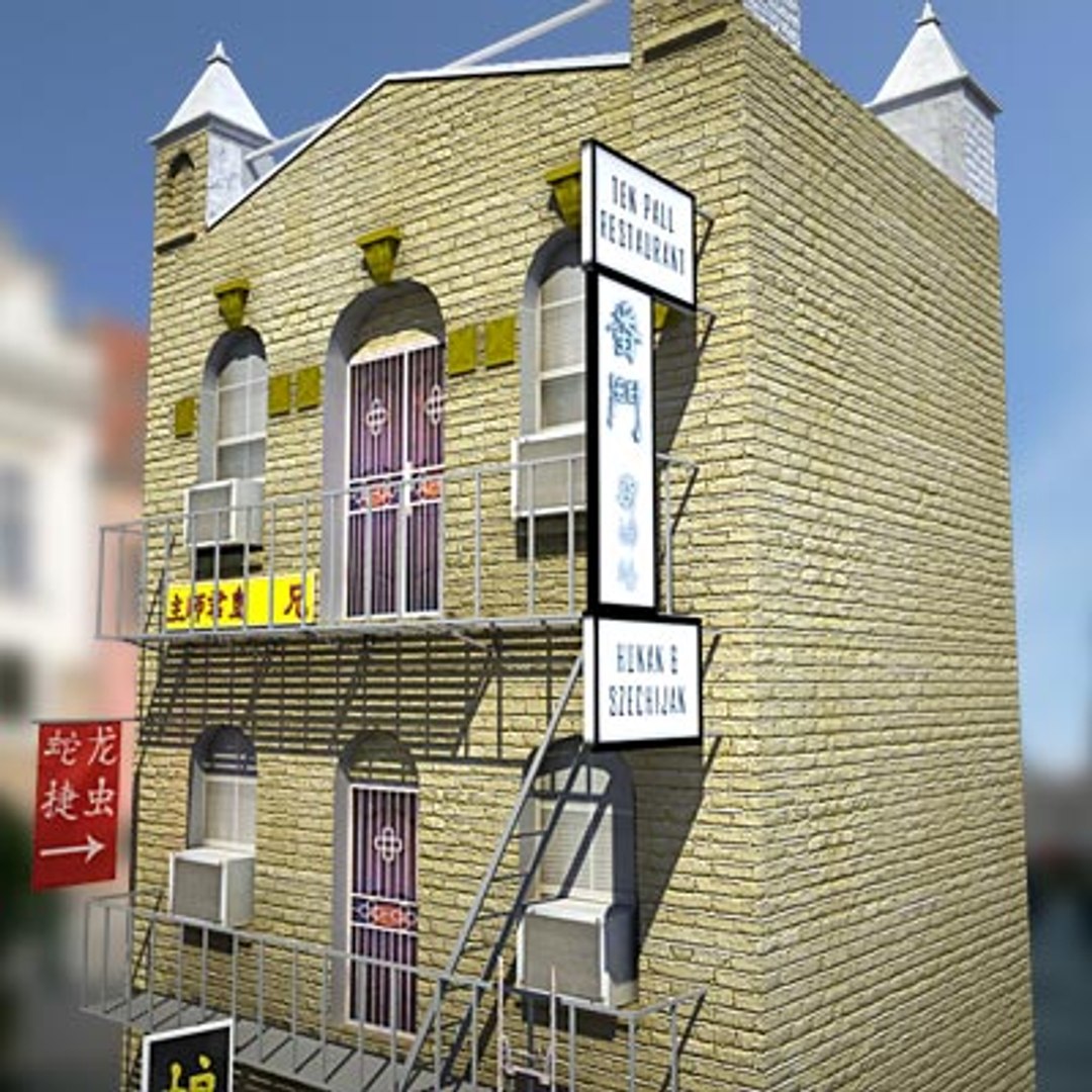 3d low-poly china town 4-storey