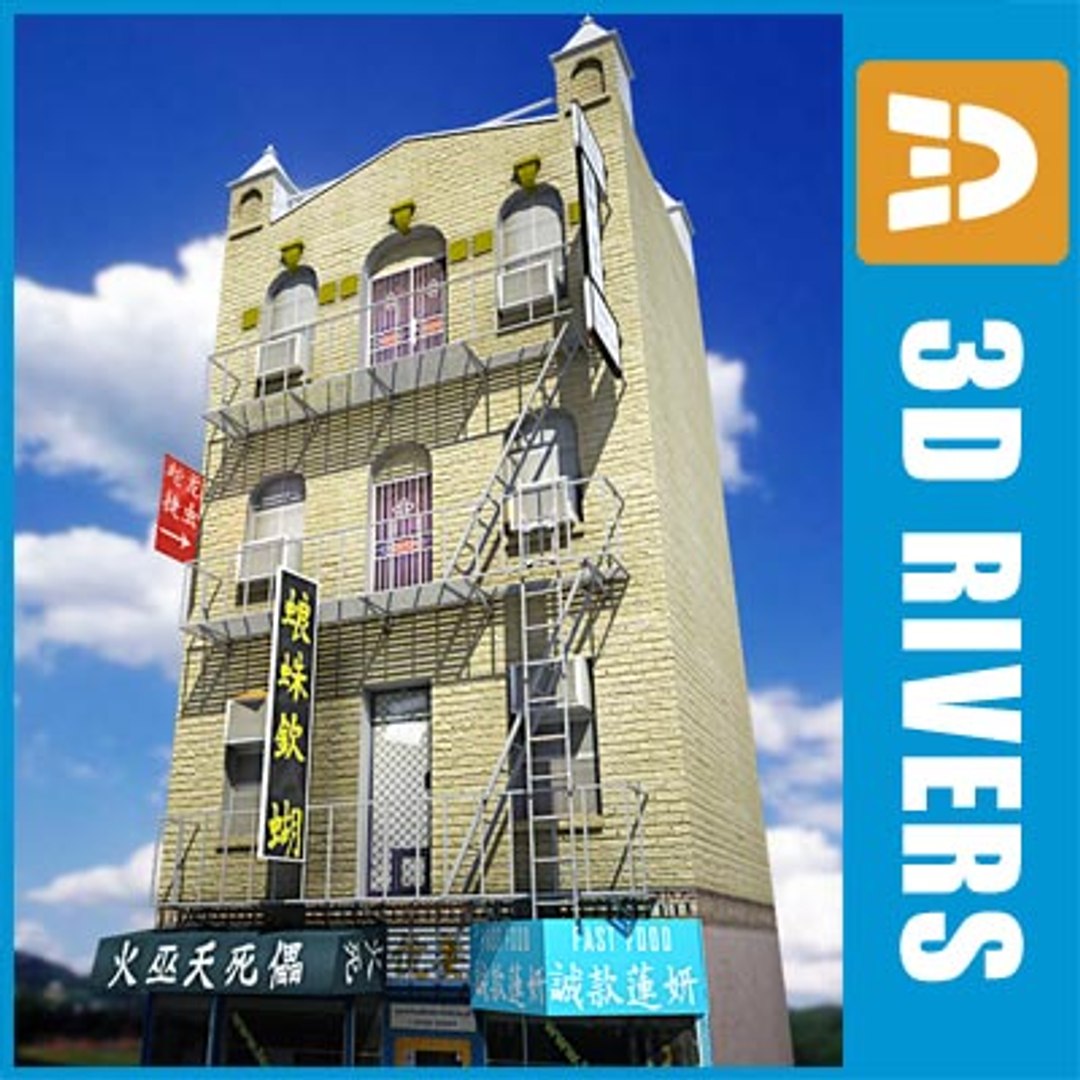 3d low-poly china town 4-storey