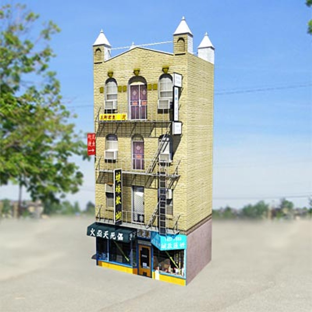 3d low-poly china town 4-storey