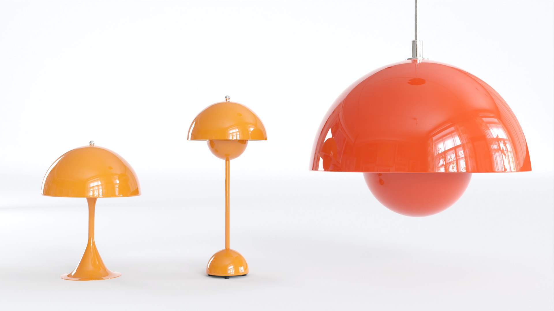 3D Model Three Retro Lamps 3D Model - 1 Table Red And 2 Ceiling Yellow ...