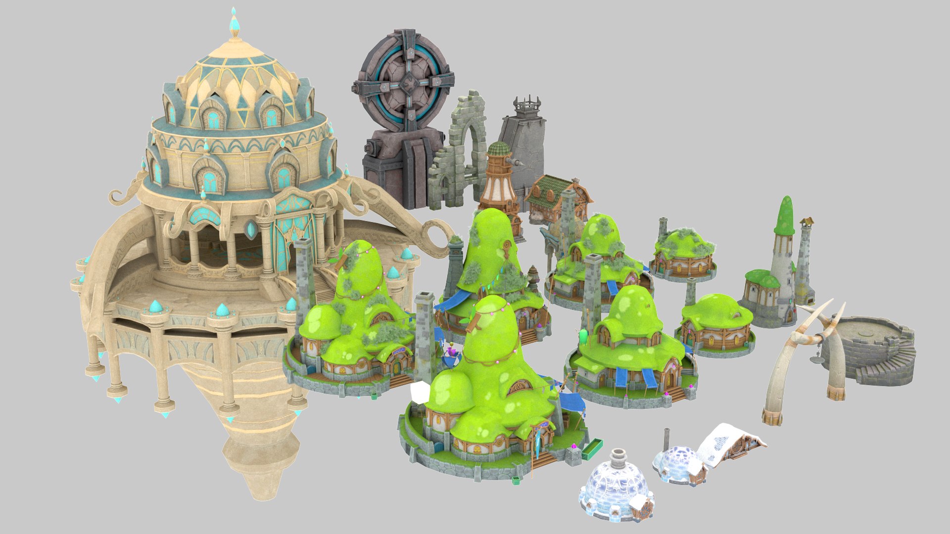 3D Cartoon Building Mushroom House Igloo Tower Guard Tower Watchtower ...